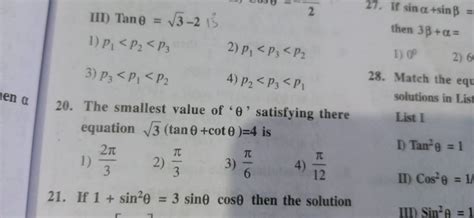 Match The Equ 20 The Smallest Value Of Theta Satisfying There Equat