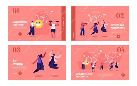 도파민 세로토닌 방문 페이지 템플릿 세트 거대한 공식 근처에서 삶을 즐기는 사람들 유기체의 호르몬 생산 캐릭터 점프