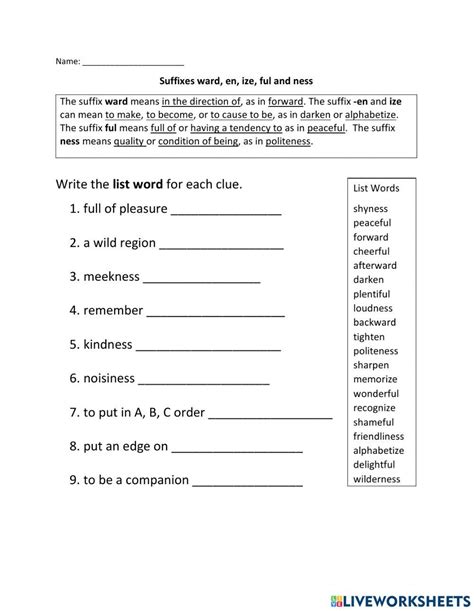 Suffixes Ward Ness Ize En Ful Worksheet Live Worksheets