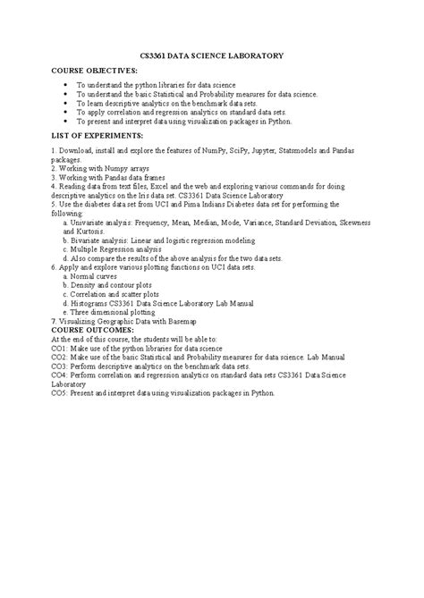 Cs3361 Data Science Laboratory Syllabus Cs3361 Data Science