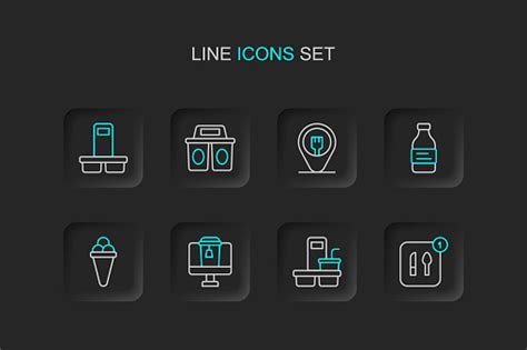 음식 주문 커피 컵 온라인 음식 아이스크림 와플 생수 카페 및 레스토랑 위치 및 아이콘을 설정합니다 벡터 깨끗한에 대한 스톡 벡터 아트 및 기타 이미지 Istock