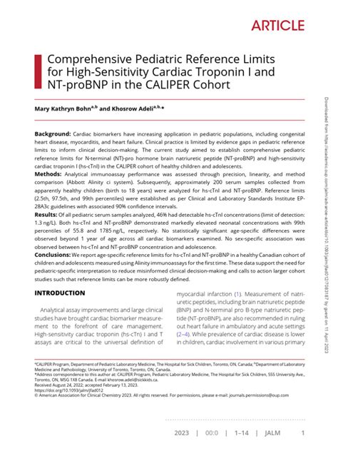 Comprehensive Pediatric Reference Limits For Troponin I And Ntprobnp