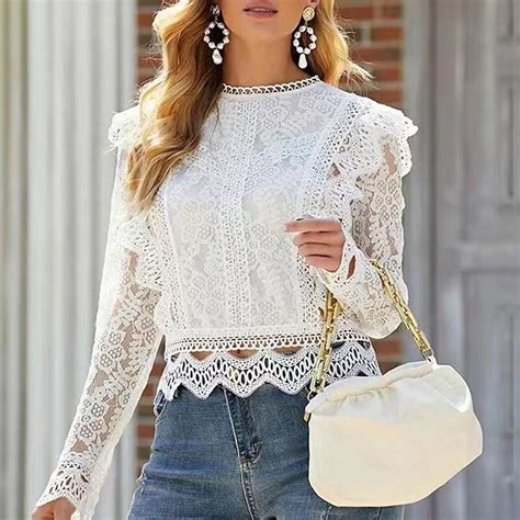Shirt Blouse Womens Black White Pink Plain Lace Street Daily Fashion