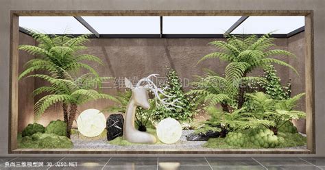现代庭院植物景观小品 植物堆 蕨类植物 雕塑小品 藤爬植物 苔藓 石头su模型 棕榈类su模型