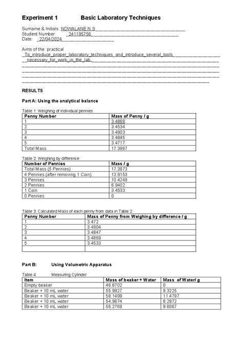 Experiment Report Sheet CHM S Experiment Basic Laboratory Techniques