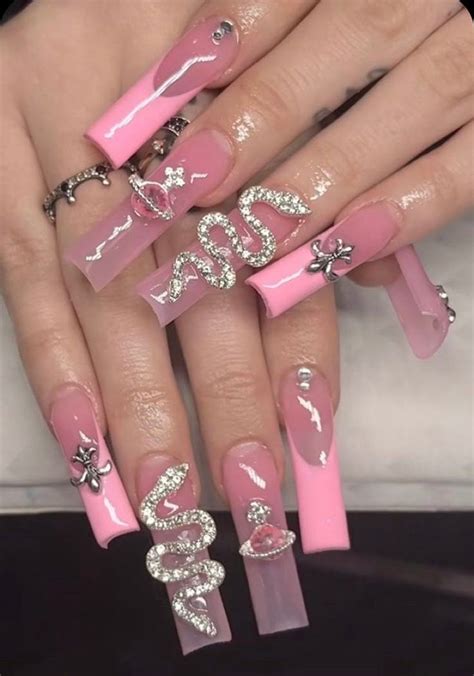 Barbie Pink French Tip Snake Luxury Bling Press On Nails In