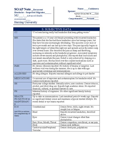 Soap Note Recurrent Headaches Health Typhon Encounter Herzing U