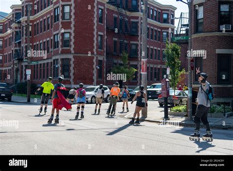 Boston Ma Usa September 2022 View Of A Large Group Of Inline Skaters