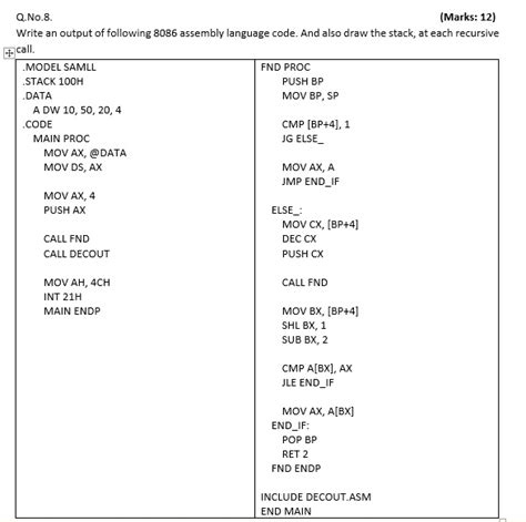 Solved Note Kindly Write Code Only In 8086 Assembly Language Qno8