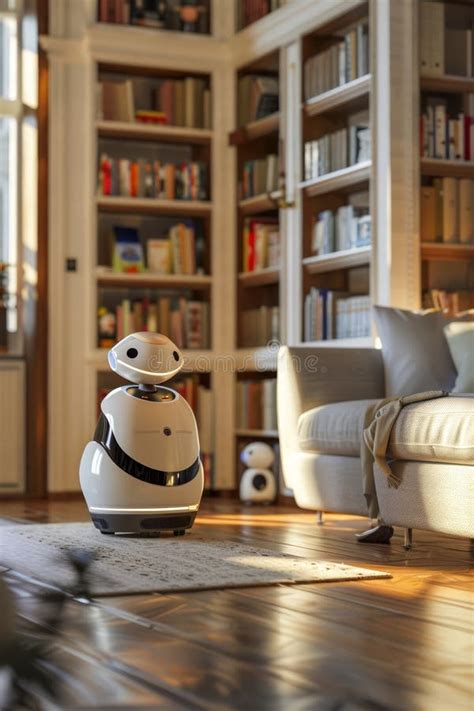Modern Autonomous Service Robot In Cozy Home Library Interior With