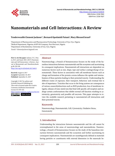 Pdf Nanomaterials And Cell Interactions A Review