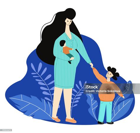 벡터 복잡한 평면 그림 임신 한 여성과 그녀의 어린 아이들의 가족에 대한 스톡 벡터 아트 및 기타 이미지 가족 개념 귀여운 Istock