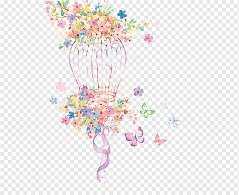 종이 새장 수채화 그림 예술 새장 여러 가지 빛깔의 꽃과 나비 그린 손 풍선 Png Pngwing