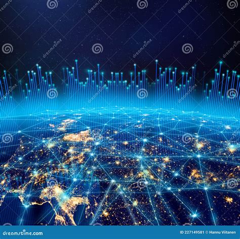 Planet Earth City Lights And Worldwide Digital Network Infrastructure