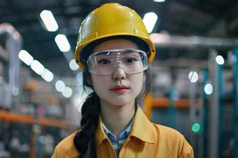 Asian Female Engineer In Uniform Monitors Factory Operations Premium Ai Generated Image