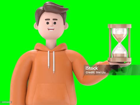 모래 유리 또는 모래 시계를 들고있는 남성 남자 Qadir의 3d 일러스트레이션 그린 스크린 Mockup3d 푸티지 및 클리핑 경로를 위해 그린 스크린에 렌더링합니다 3차원