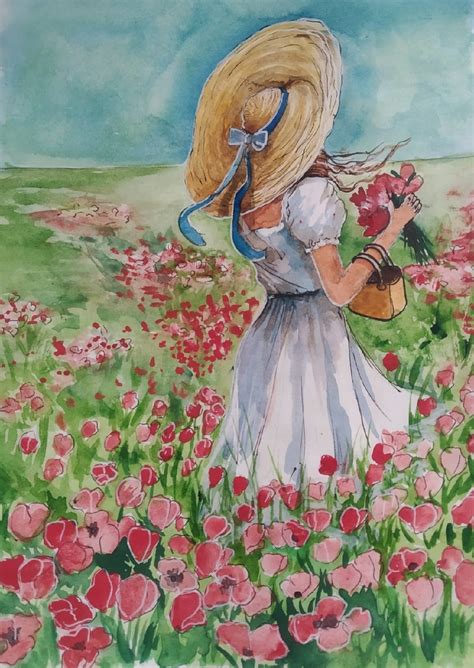 Иллюстрация Девушка в соломенной шляпке в стиле скетчи