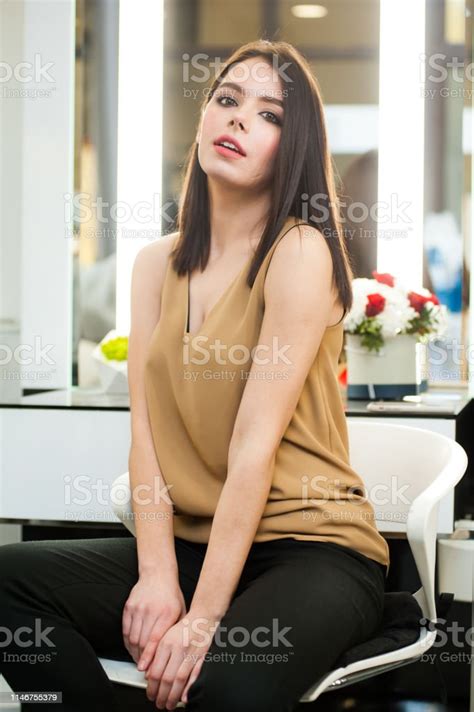 Portrait Of Beautiful Young Brunette Woman With Perfect Make Up Stock