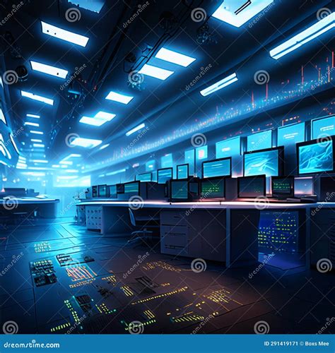 3d Rendering Of A Futuristic Server Room With Multiple Computer