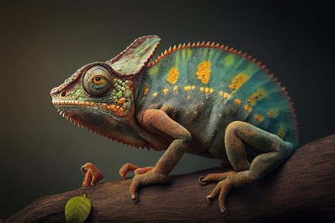 Premium Photo Colored Chameleon Lizard Sits On A Tree Branch