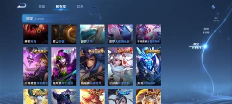 王者荣耀 传说皮肤20多个 限定皮肤113，史诗皮肤123，一共皮肤338 有猴子星传说，李白荣耀典藏，瑶瑶公主传说，凤求凰，梅西 王者