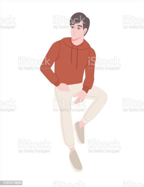 귀여운 젊은 남자 에 패션 캐주얼 옷 만화 캐릭터 디자인 평면 벡터 일러스트 레이션 고립 에 흰색 배경 귀여운에 대한 스톡 벡터