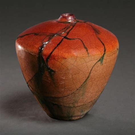 Tim Scull Raku Fired Vessel With Ferrous Chloride And Inlaid Copper