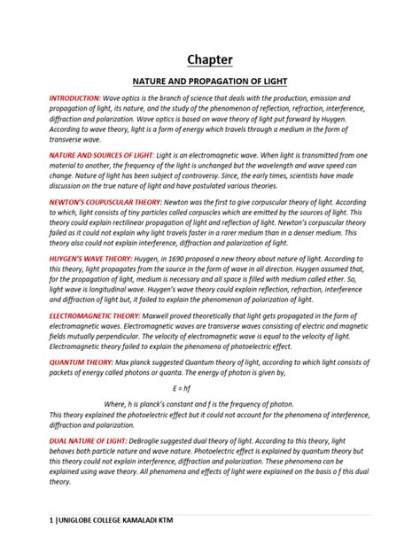 Nature Of Propagation Of Light Notes Pdf Light Waves