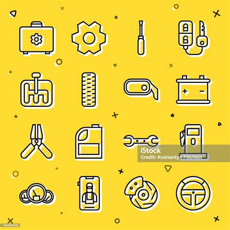 라인 스티어링 휠 휘발유 또는 주유소 자동차 배터리 스크루 드라이버 타이어 기어 시프터 도구 상자 및 백미러 아이콘을 설정하십시오 벡터 가솔린에 대한 스톡 벡터 아트 및