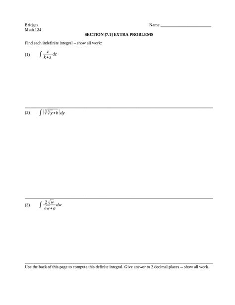 4 Problems On Indefinite And Definite Integrals Assignment Math 124 Docsity