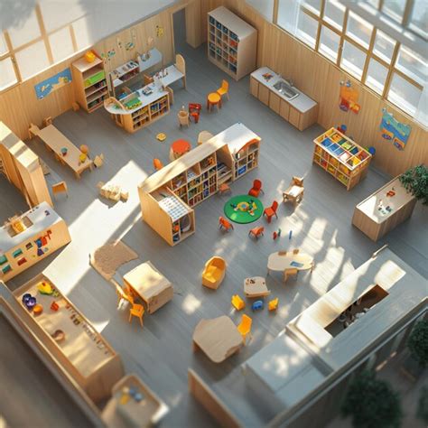 A Visual Of A Classroom With Various Playbased Learning Centers Like A Kitchen Or A Construction