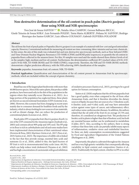 Pdf Non Destructive Determination Of The Oil Content In Peach Palm Bactris Gasipaes Flour