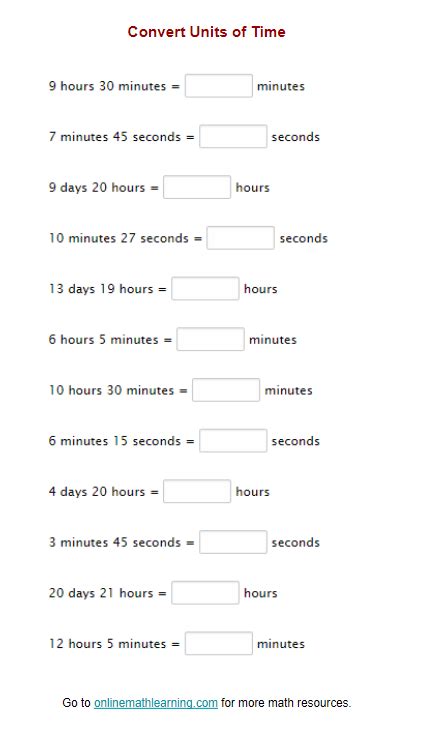 convert units of time worksheet printable online answers