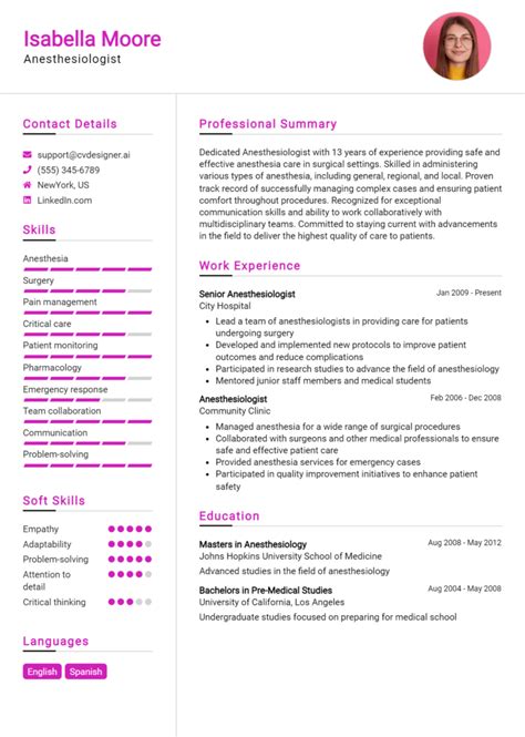 Anesthesiologist Resume Example For 2024 Free Professional Templates