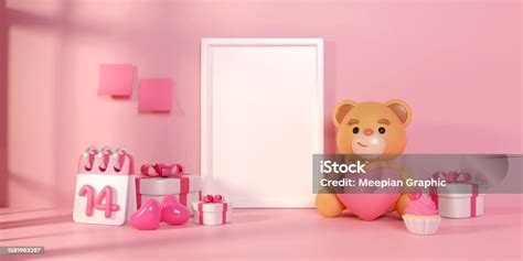 선물 상자와 핑크 하트 어린이 방 발렌타인 데이가 있는 어린이 방의 포스터 프레임을 조롱합니다 복사 공간을 위한 빈 보드입니다 3d 렌더링 그림 디지털 생성 이미지에 대한
