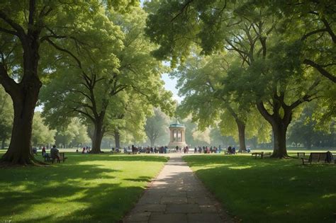 Premium Photo A Park Bench In A Park With A Tree In The Background Natural Green Landscape