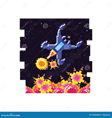 Video Game Spaceship Flying In Stage Scene Pixelated Stock Illustration Illustration Of World