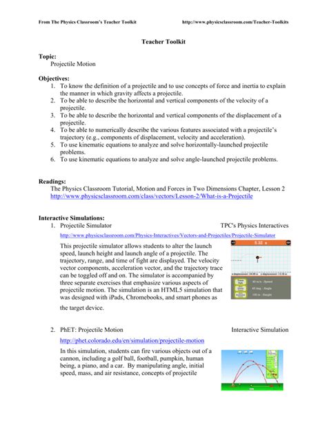 Teacher Toolkit Topic Projectile Motion — Db