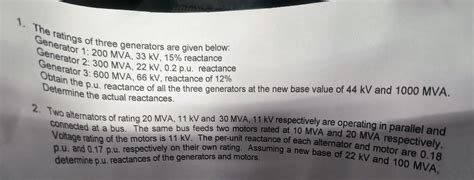 Solved The Ratings Of Three Generators Are Given Below