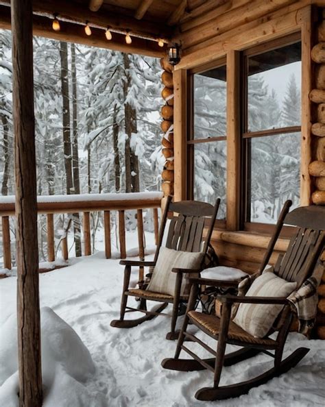 A Cabin With A Porch And Two Rocking Chairs In The Snow Premium AI