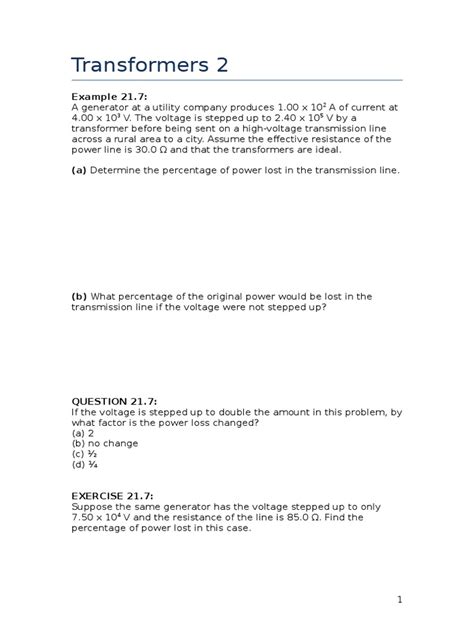 Transformer Worksheet 2 Electric Power Transmission Root Mean Square