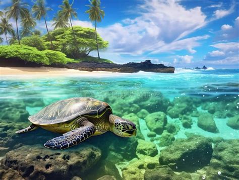 Hawaiian Green Sea Turtle Swimming On Coral Reef At Maldives Green Sea