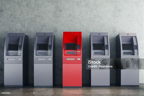 콘크리트 내부에 회색과 빨간색 Atm 현금 자동 입출금기에 대한 스톡 사진 및 기타 이미지 현금 자동 입출금기 3차원 형태 디지털 생성 이미지 Istock