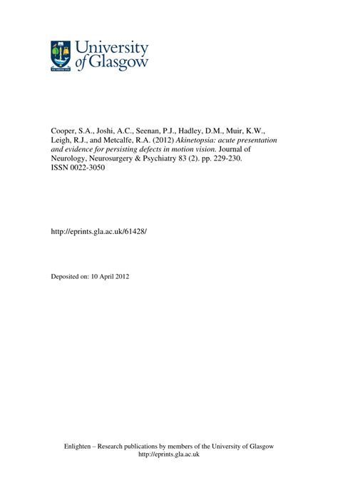 Pdf Akinetopsia Acute Presentation And Evidence For Persisting
