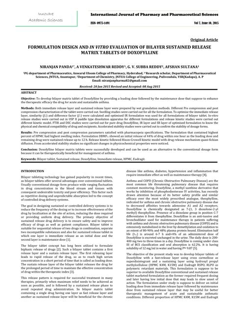 Pdf Formulation Design And In Vitro Evaluation Of Bilayer Sustained Release Matrix Tablets Of