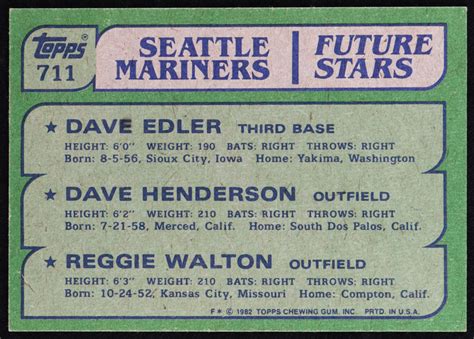 Dave Edler Dave Henderson Reggie Walton 1982 Topps 711 Rc Pristine Auction