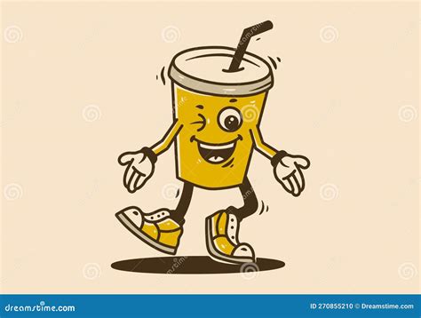 Personagem Mascote Bebendo Vidro Com Palha Com Rosto Feliz Ilustração