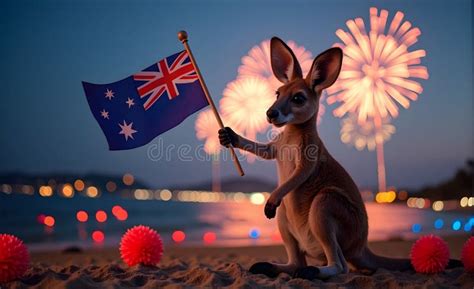 A Cute Kangaroo Waving The Australian Flag Stock Illustration
