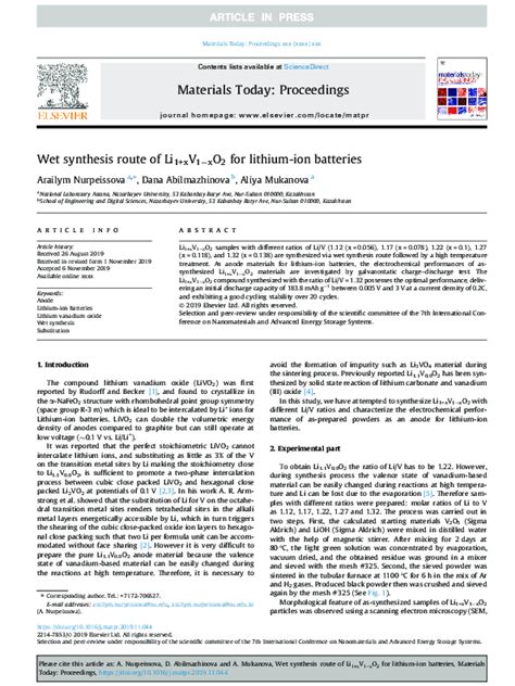 Pdf Wet Synthesis Route Of Li1xv1−xo2 For Lithium Ion Batteries