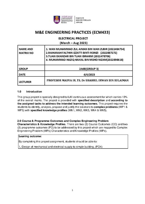 ECM433 MINI Project 2A6B Group 3 M E ENGINEERING PRACTICES ECM433 ELECTRICAL PROJECT